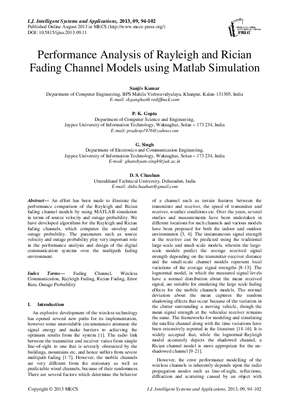(PDF) Performance Analysis of Rayleigh and Rician Fading Channel Models using Matlab Simulation