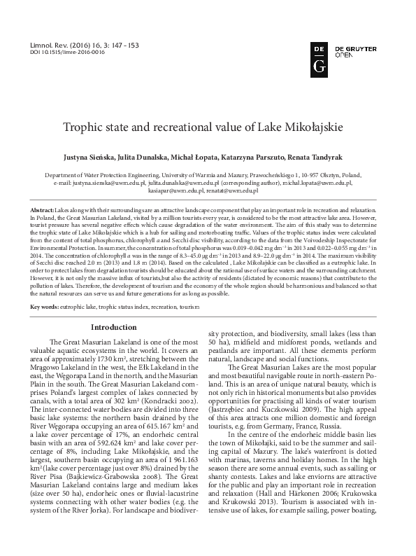 (PDF) Trophic state and recreational value of Lake Mikołajskie