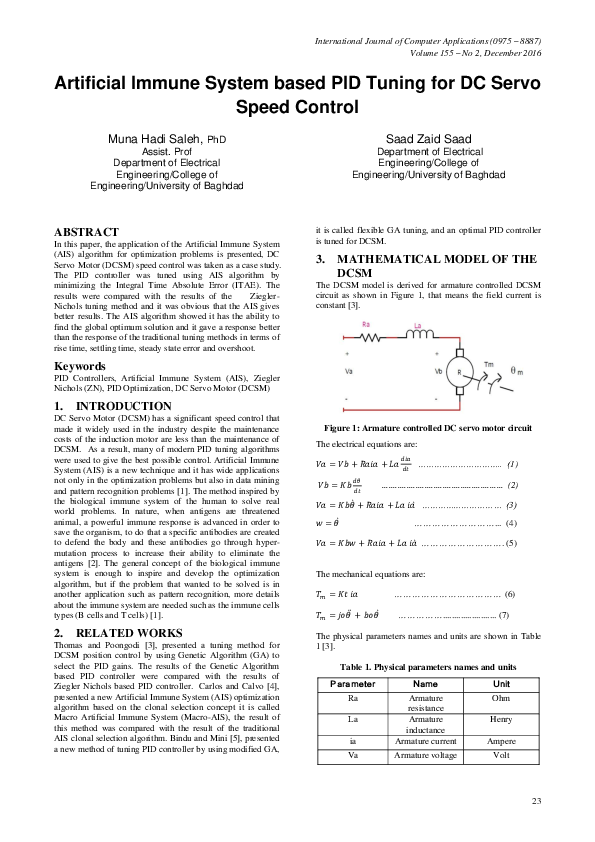 Pdf Artificial Immune System Based Pid Tuning For Dc Servo Speed Control