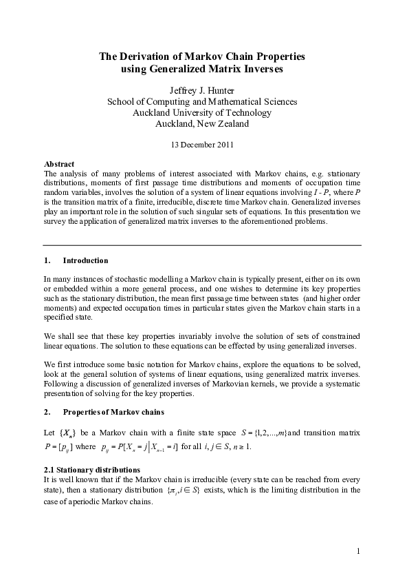 Pdf The Derivation Of Markov Chain Properties Using Generalized Matrixinverses
