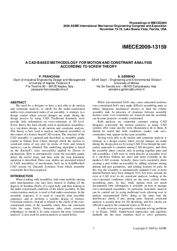 Pdf A Cad Based Methodology For Motion And Constraint Analysis According To Screw Theory