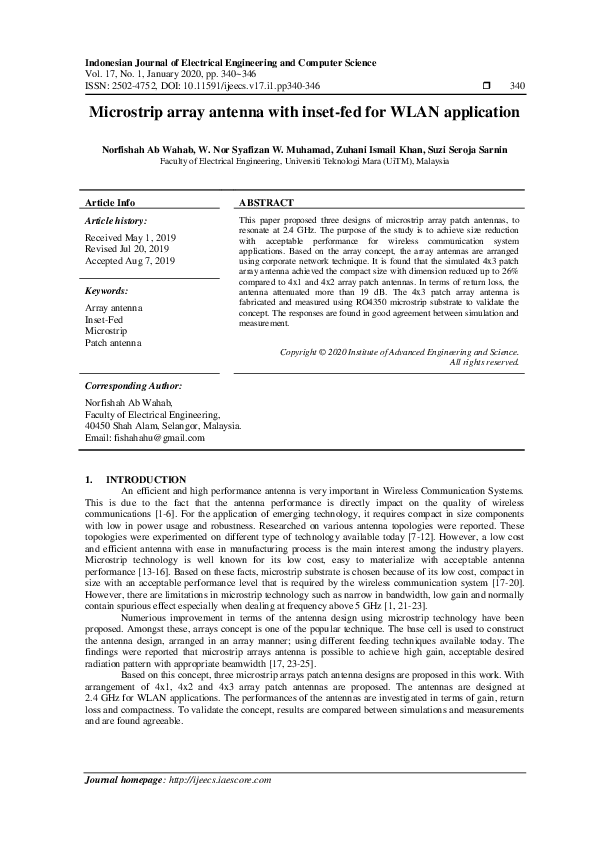 (PDF) Microstrip array antenna with inset-fed for WLAN application