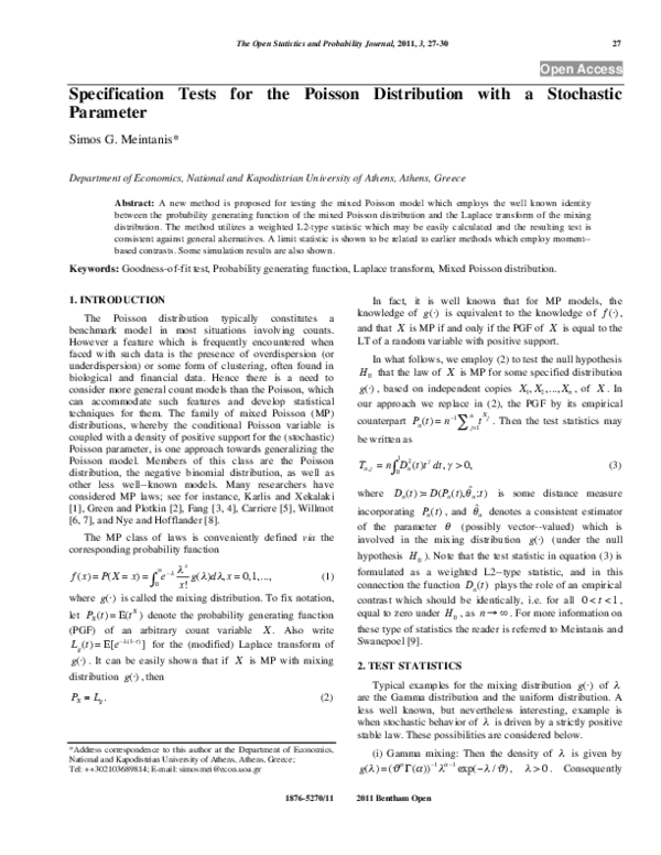 Pdf Specification Tests For The Poisson Distribution With A Stochastic Parameter Simos