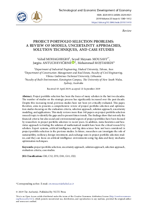 (PDF) Project Portfolio Selection Problems: A Review of Models, Uncertainty Approaches, Solution ...