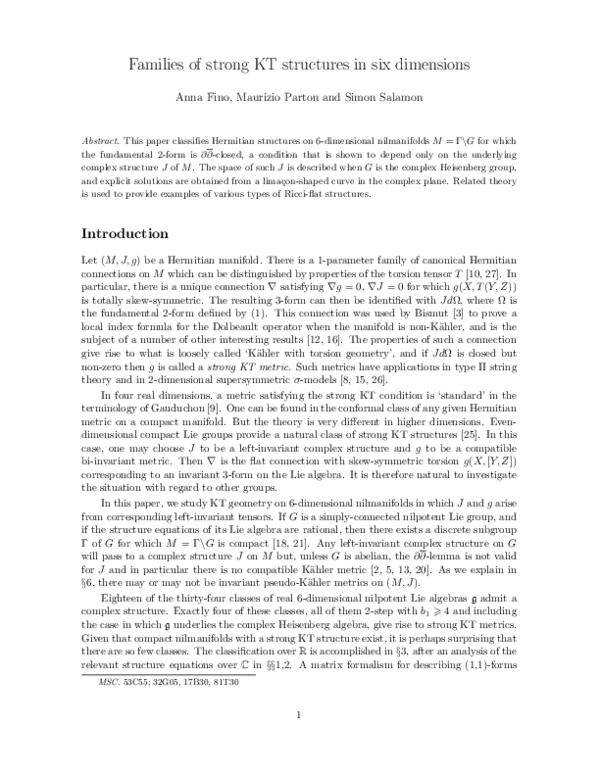 (PDF) Families of strong KT structures in six dimensions | Anna Fino ...