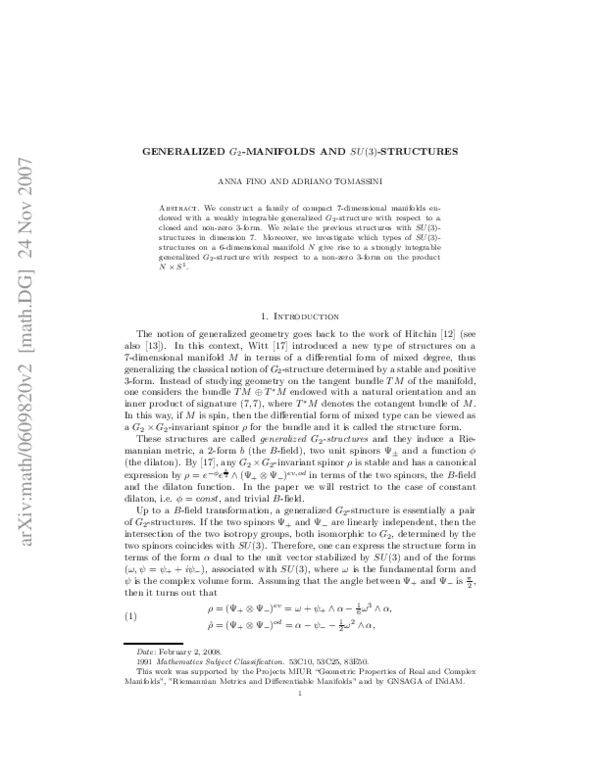 (PDF) Generalized G 2 -Manifolds and SU(3)-STRUCTURES