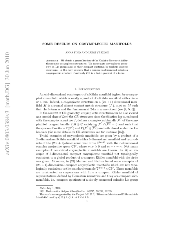 (PDF) Some results on cosymplectic manifolds | Anna Fino - Academia.edu (PDF) Some results on cosymplectic manifolds | Anna Fino - Academia.edu