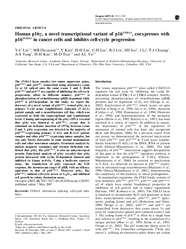 (PDF) TUMOR SUPPRESSING FUNCTIONS OF p16INK4a - A REVIEW | Masa-Aki ...
