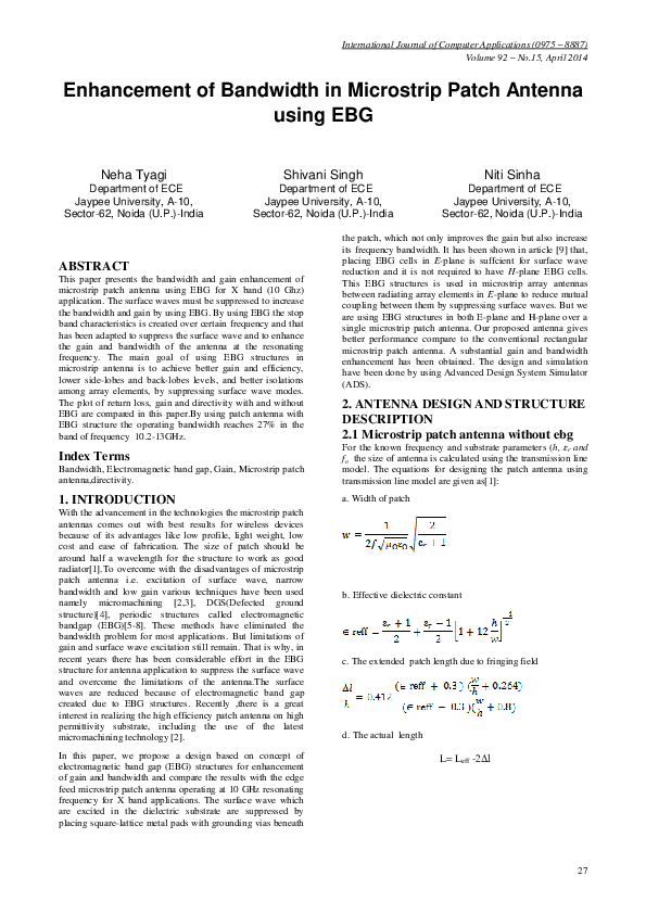 Pdf Enhancement Of Bandwidth In Microstrip Patch Antenna Using Ebg