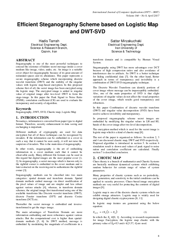 Pdf Efficient Steganography Scheme Based On Logistic Map And Dwt Svd