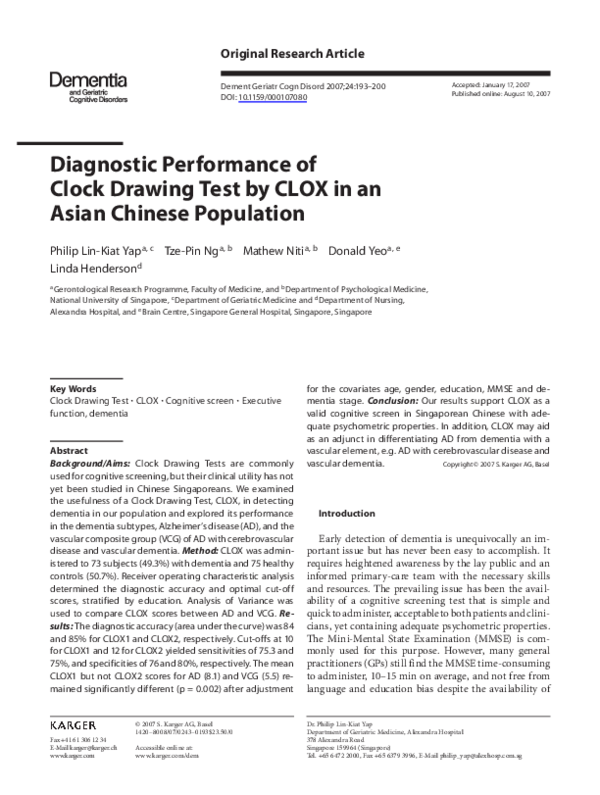 (PDF) Diagnostic Performance of Clock Drawing Test by CLOX in an Asian ...