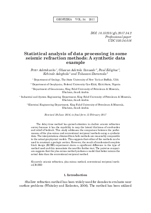 Pdf Statistical Analysis Of Data Processing In Some Seismic Refraction Methods A Synthetic