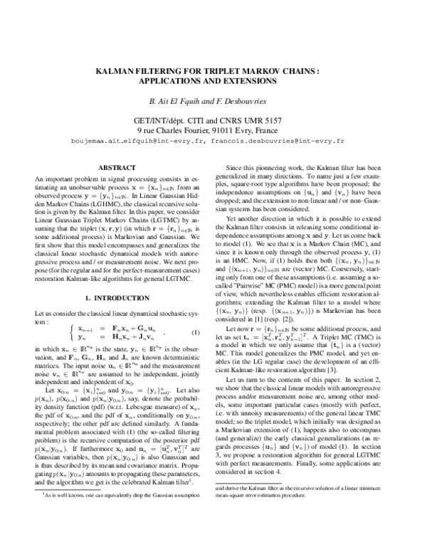 Pdf Kalman Filtering For Triplet Markov Chains Applications And Extensions