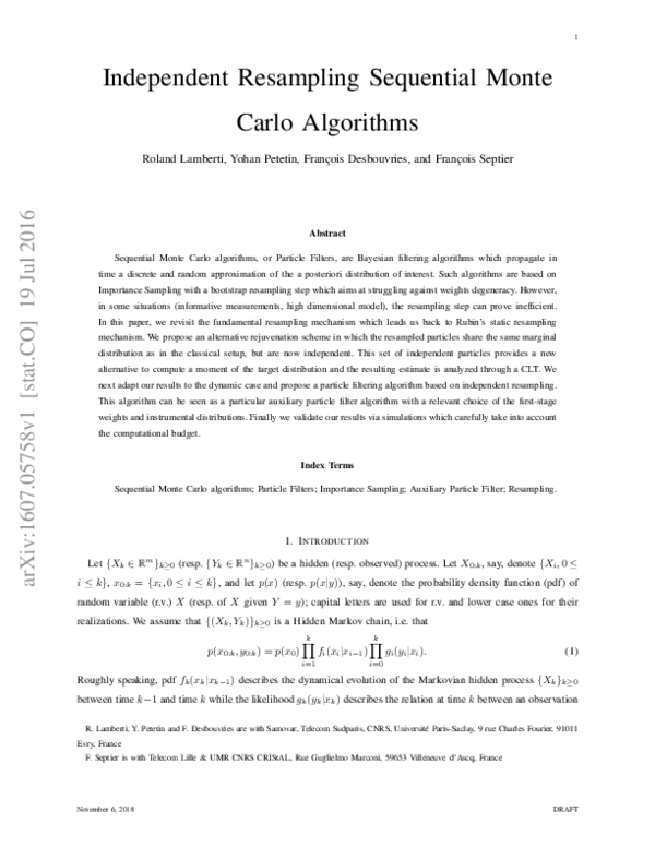 (PDF) Independent Resampling Sequential Monte Carlo Algorithms