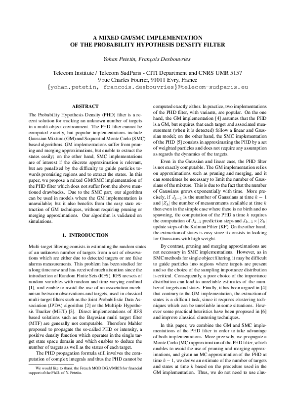 (PDF) A mixed GM/SMC implementation of the probability hypothesis density filter