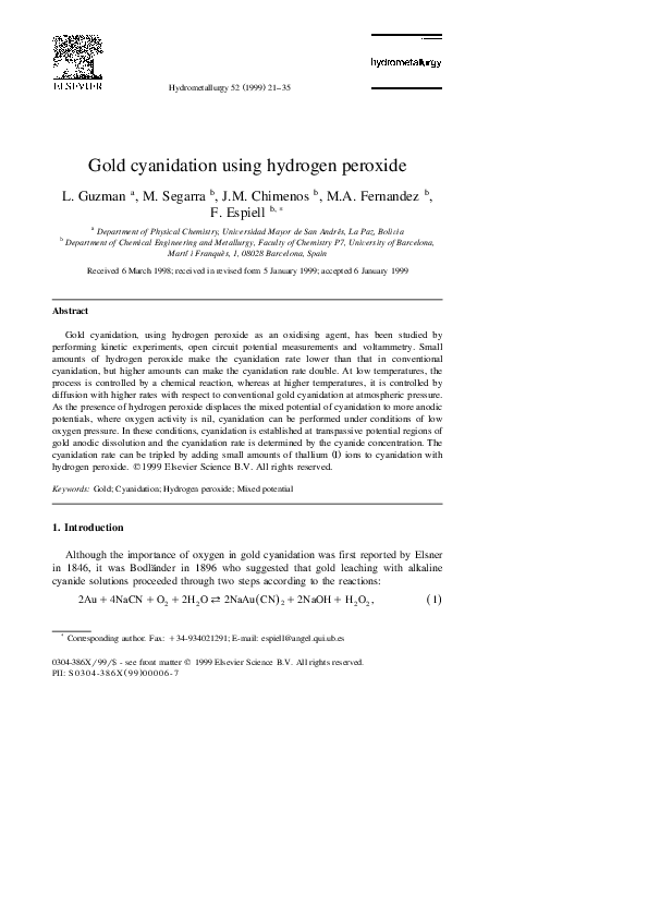 (PDF) Gold cyanidation using hydrogen peroxide