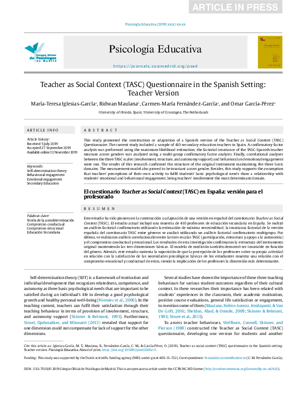 (PDF) Teacher as Social Context (TASC) Questionnaire in the Spanish ...