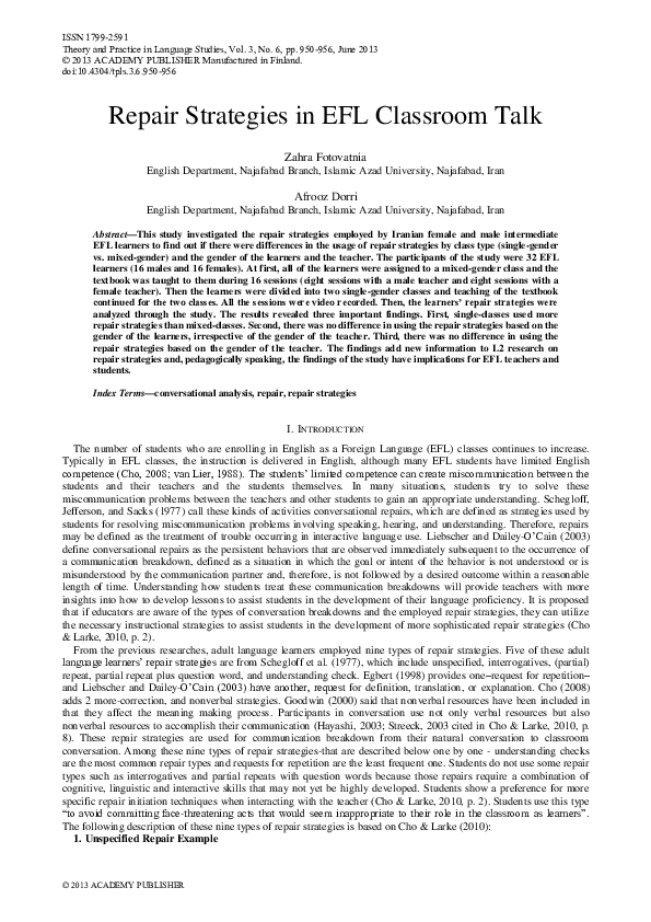 (PDF) Repair Strategies in EFL Classroom Talk