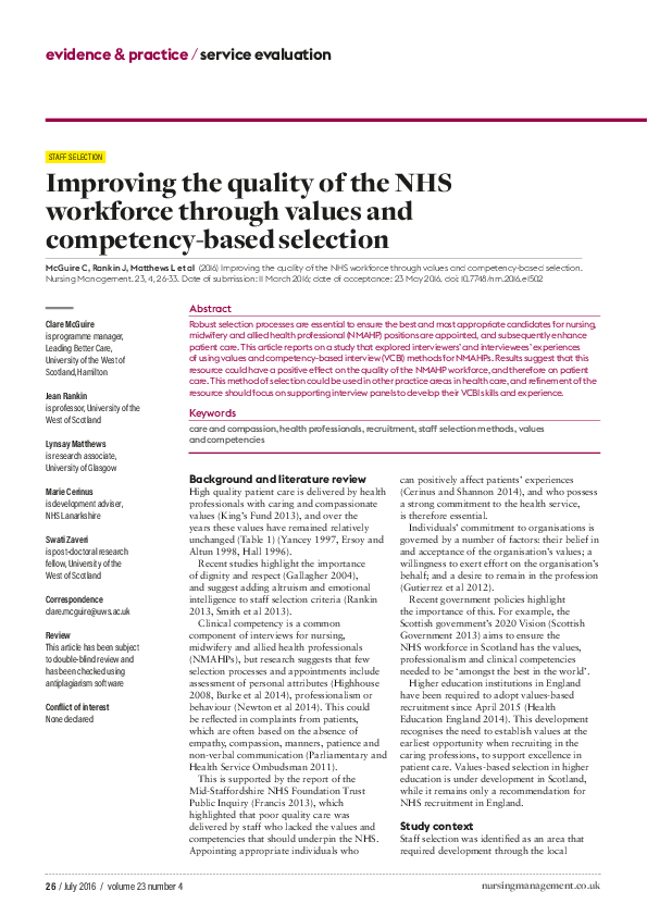 (PDF) Improving the quality of the NHS workforce through values and ...