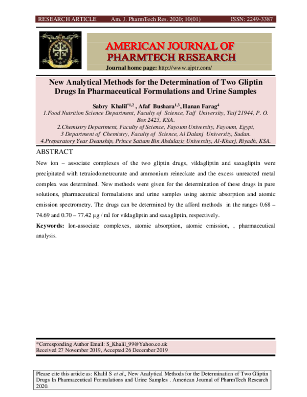 (PDF) New Analytical Methods for the Determination of Two Gliptin Drugs ...
