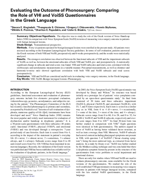(PDF) Evaluating the Outcome of Phonosurgery: Comparing the Role of VHI ...