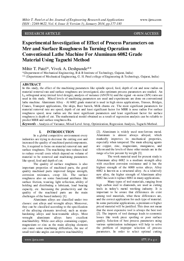 Pdf Experimental Investigation Of Effect Of Process Parameters On Mrr And Surface Roughness In
