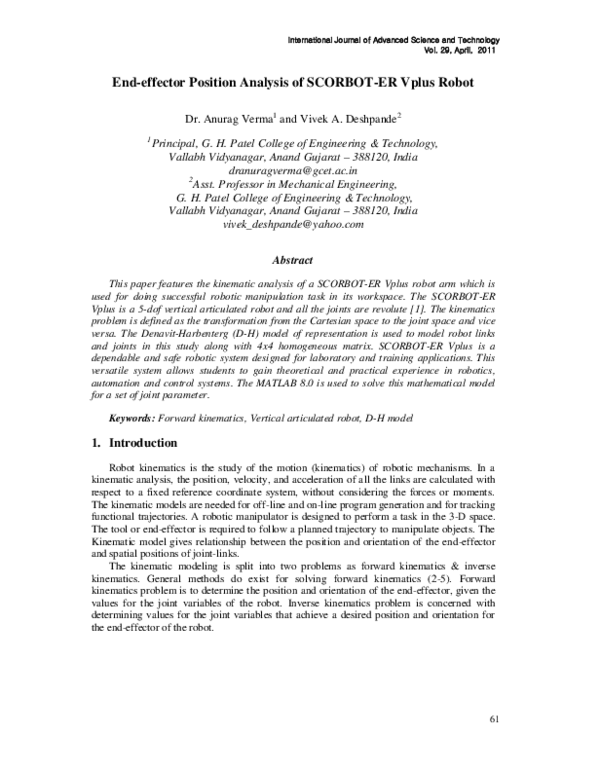 (PDF) End-effector Position Analysis of SCORBOT-ER Vplus Robot