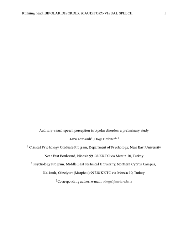 (PDF) Auditory-Visual Speech Perception in Bipolar Disorder
