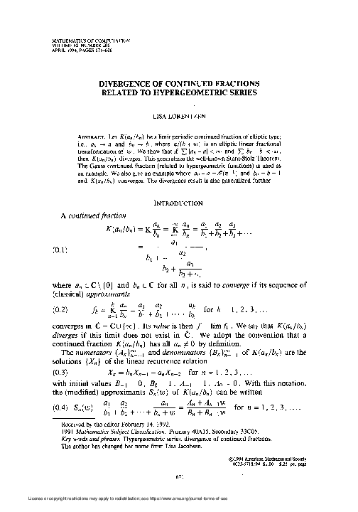 (PDF) Divergence of continued fractions related to hypergeometric series