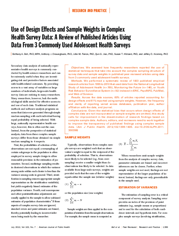 (PDF) Use of Design Effects and Sample Weights in Complex Health Survey Data: A Review of ...