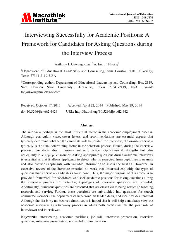 (PDF) Interviewing Successfully for Academic Positions: A Framework for ...