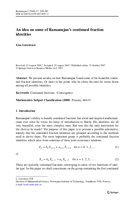 (PDF) An idea on some of Ramanujan’s continued fraction identities