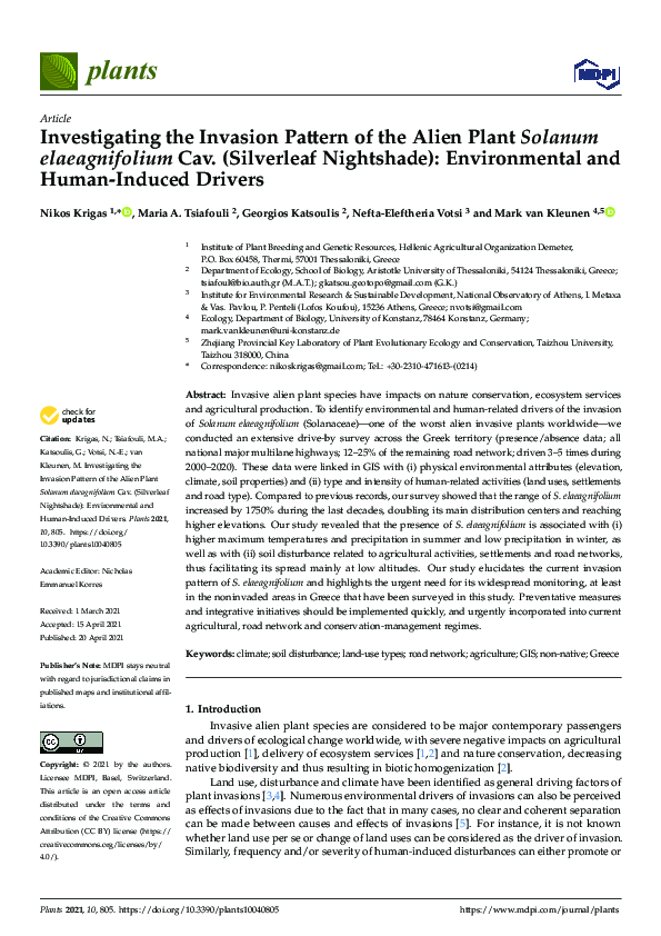 (PDF) Investigating the Invasion Pattern of the Alien Plant Solanum elaeagnifolium Cav ...