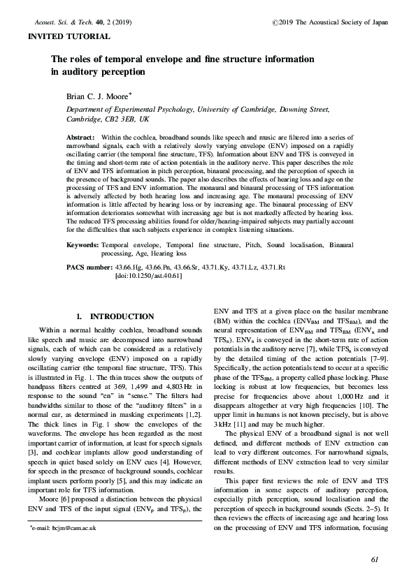 (PDF) The roles of temporal envelope and fine structure information in auditory perception