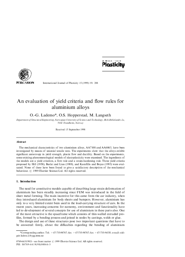 (PDF) An evaluation of yield criteria and flow rules for aluminium alloys