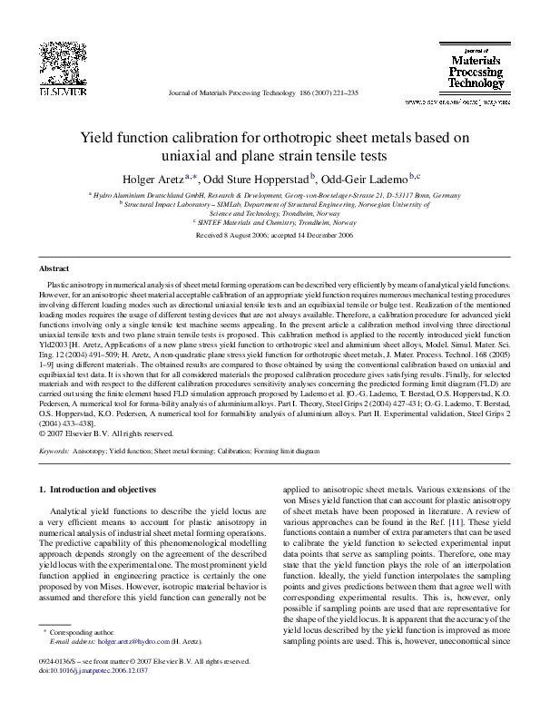 (PDF) Yield function calibration for orthotropic sheet metals based on ...