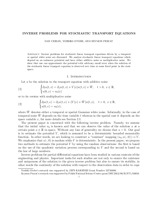 Pdf Inverse Problems For Stochastic Transport Equations