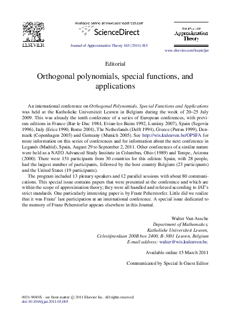 (PDF) Orthogonal polynomials, special functions, and applications