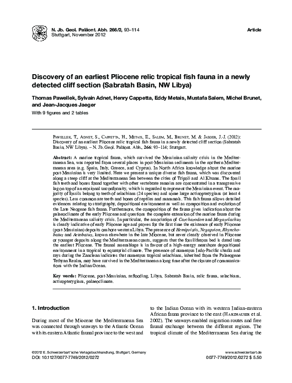 (PDF) Discovery of an earliest Pliocene relic tropical fish fauna in a ...