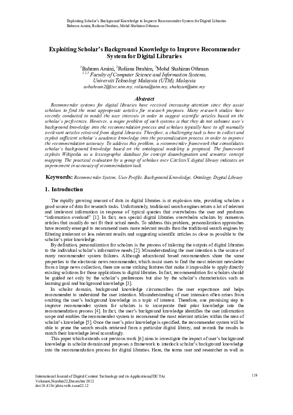 (PDF) Exploiting Scholar s Background Knowledge to Improve Recommender System for Digital Libraries