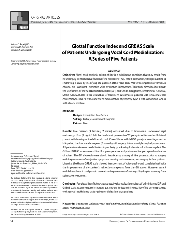 (PDF) Glottal Function Index and GRBAS Scale of Patients Undergoing ...