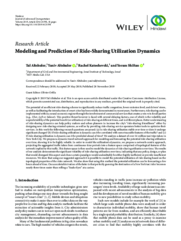 Pdf Modeling And Prediction Of Ride Sharing Utilization Dynamics