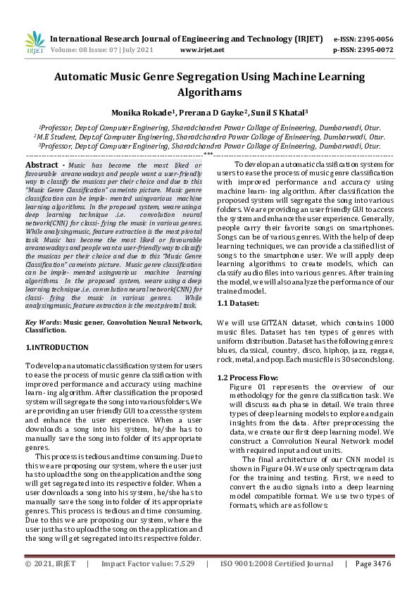 (PDF) IRJET- Automatic Music Genre Segregation Using Machine Learning Algorithams