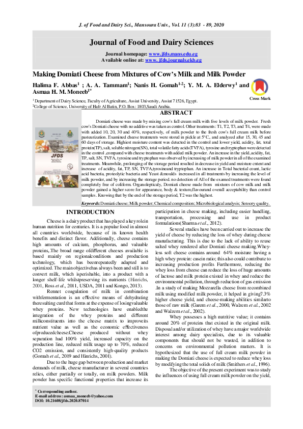 (PDF) Making Domiati Cheese from Mixtures of Cow’s Milk and Milk Powder