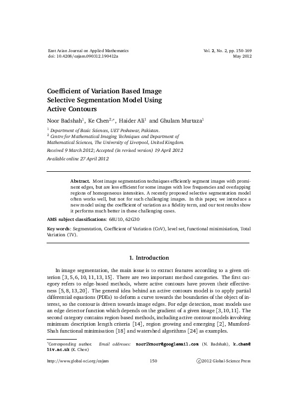 (PDF) Coefficient of Variation Based Image Selective Segmentation Model Using Active Contours