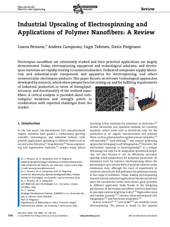 (PDF) Industrial Upscaling of Electrospinning and Applications of Polymer Nanofibers: A Review