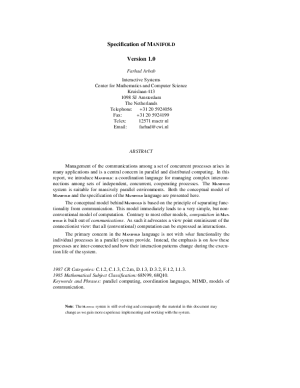 (PDF) Specification of Manifold : version 1.0 | Farhad Arbab - Academia.edu