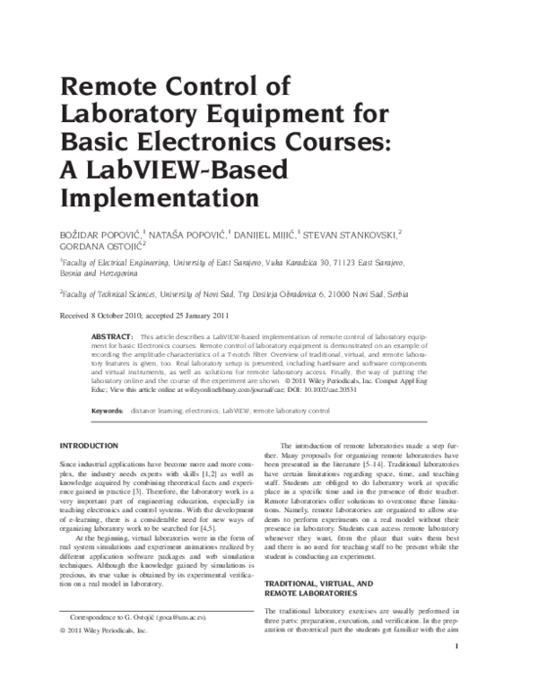 Pdf Remote Control Of Laboratory Equipment For Basic Electronics Courses A Labview Based