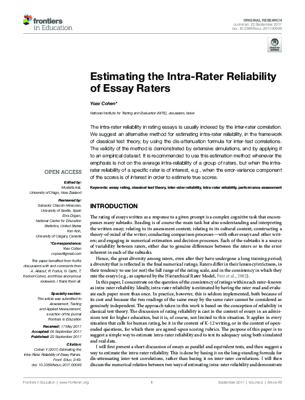 (PDF) Estimating the Intra-Rater Reliability of Essay Raters