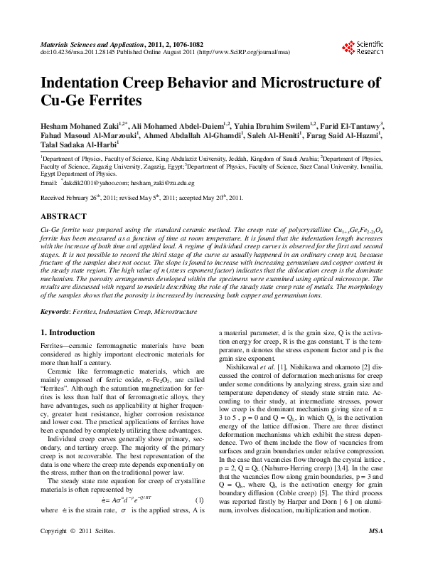 (PDF) Indentation Creep Behavior and Microstructure of Cu-Ge Ferrites